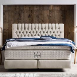 BettCo Boxspringbett Chester (in Creme Samt, 160 x 200 cm), Acryl-Füße, Kostenloser Aufbau, beige, Mit Medifit Kaltschaumtopper 6 cm, Creme