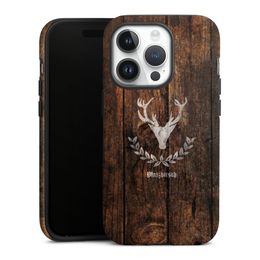 DeinDesign iPhone 14 Pro Handy Panzer Handyh&uuml;lle robuste Outdoor H&uuml;lle Schutzh&uuml;lle matt Wooden Look Deer Wood Tough Case