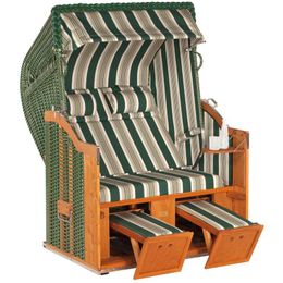 SonnenPartner - Strandkorb Classic 2-Sitzer Halbliegemodell grün/beige mit 2 Nackenrollen und Staufach