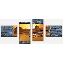 wandmotiv24 Mehrteilige Bilder 3D Altes Auto in der Wüste- grobe Steinmauer