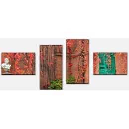 wandmotiv24 Mehrteilige Bilder Efeu mit roten Blättern wachsen auf einer roten Mauer