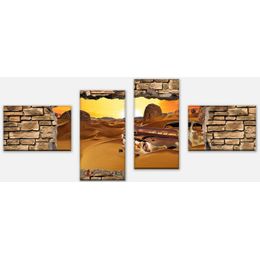 wandmotiv24 Mehrteilige Bilder 3D Altes Auto in der Wüste -Steinmauer