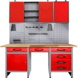 ONDIS24 Werkstatt-Set Fritz, (3-tlg), Werkbank mit Lochwand & 2 Werkstattschränken, rot