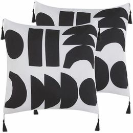 Beliani - Dekokissen 2er Set Weiß / Schwarz 45 x 45 cm Polyester mit Fransen Reißverschluss Zierkissen für Küche Esszimmer Wohnzimmer Salon Flur