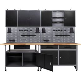 ONDIS24 Werkstatt-Set, 2x Werkbank, 2x Werkzeugwand, 3x Hängeschrank, grau|schwarz