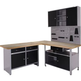 ONDIS24 Werkstatt-Set Basic One, 2x Werkbank, 1x Werkstattschrank, 3x Lochwand, grau|schwarz