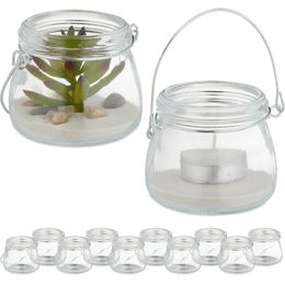 Windlicht, 12er Set, aus Glas, mit Henkel, innen & außen, Teelichthalter, HxD 6,5 x 7,5 cm, transparent/silber - Relaxdays
