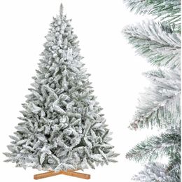 Weihnachtsbaum künstlich 220cm fichte mit Christbaum Holzständer Tannenbaum künstlich mit Natur-Weiss Schneeflocken Made in eu - Fairytrees