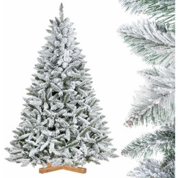 Fairytrees - Weihnachtsbaum künstlich 180cm fichte mit Christbaum Holzständer Tannenbaum künstlich mit Natur-Weiss Schneeflocken Made in eu