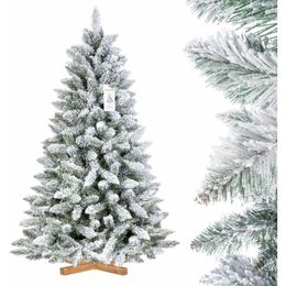 Weihnachtsbaum künstlich 150cm fichte mit Christbaum Holzständer Tannenbaum künstlich mit Natur-Weiss Schneeflocken Made in eu - Fairytrees