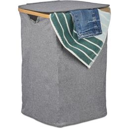 Wäschekorb mit Deckel, faltbarer Wäschesack, Bambus & Stoff, quadratische Wäschetonne, tragbar, 42 Liter, grau - Relaxdays