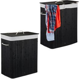 Relaxdays 2 x Wäschekorb Bambus mit Deckel, rechteckiger Wäschesammler, 2 Fächer, 95 l Volumen, faltbare Wäschebox, schwarz