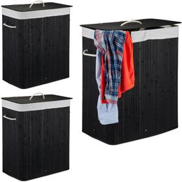 Relaxdays 3 x Wäschekorb Bambus mit Deckel, rechteckiger Wäschesammler, 2 Fächer, 95 l Volumen, faltbare Wäschebox, schwarz
