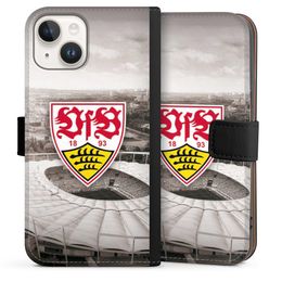DeinDesign iPhone 14 Handy Klapph&uuml;lle Handyh&uuml;lle aus Kunst Leder schwarz Flip Case Official Licensed Product Vfb Stuttgart Stadium Sideflip mit Lasche