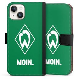 DeinDesign iPhone 14 Handy Klapph&uuml;lle Handyh&uuml;lle aus Kunst Leder schwarz Flip Case Moin Official Licensed Product Sv Werder Bremen Sideflip mit Lasche