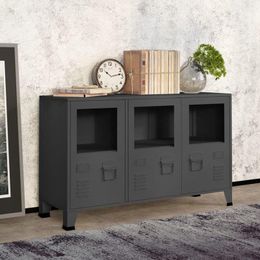 Industrial Sideboard Beistellschrank Anrichte fuer Flur, Kueche, Esszimmer und Wohnzimmer Anthrazit 105x35x62 cm Metall und Glas NNDG4085 MAISONCHIC