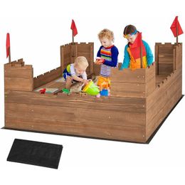 113 x 116 cm Sandkasten mit Staufächern & Flaggen, Sandbox mit Sitzbank, Sandkiste Holz für 1-2 Kinder, inkl. Bodenabdeckung, ab 3 Jahre - Costway