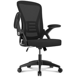 Bigzzia - Bürostuhl – Ergonomischer Sitz – Sessel mit 90° klappbarer Armlehne – Lordosenstütze – höhenverstellbar - Schwarz - Schwarz