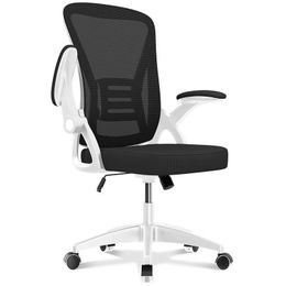Bigzzia - Bürostuhl – Ergonomischer Sitz – Sessel mit 90° klappbarer Armlehne – Lordosenstütze – höhenverstellbar - schwarz und weiß - Schwarz und