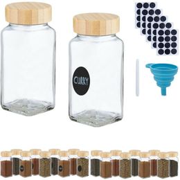 Gewürzgläser 20er Set, Streueinsatz, Gewürzdosen Glas, 120 ml, Etiketten, Stift & Trichter, transparent/natur - Relaxdays