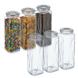 Vorratsgläser mit Deckel, 6er Set, Glas, 1650 ml, eckige Vorratsdosen, luftdichte Glasbehälter, transparent - Relaxdays