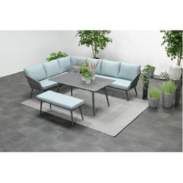 Exklusives Aluminium-Rope-Lounge Set Miriam inkl. Tisch, Bank und Kissen grau, hellblau links - Garden Impressions