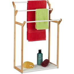 Handtuchhalter mit Ablage, 3 Stangen für Handtücher, Kleidung & Co., hbt: 82 x 50 x 35 cm, Bambus, natur/weiß - Relaxdays