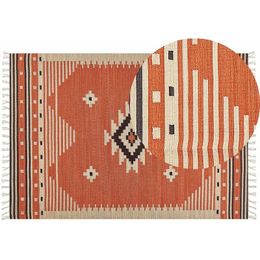 Beliani - Kelim-Teppich Orange Baumwolle 160 x 230 cm mit Fransen Geometrischem Muster Handgewebt Zweiseitig Modern Wohnzimmer Schlafzimmer - Orange