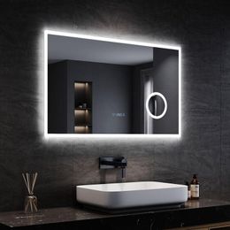 Led Badspiegel Beschlagfrei Touch Schalter Energie Sparen Mit dreifacher Lupe Mit Uhr Vergrößerungsspiegel Klatweiß 80x60cm - Sonni