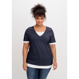 sheego Große Größen: Jerseyshirt in 2-in-1-Optik, mit V-Ausschnitt, tiefblau-weiß, Gr.40/42