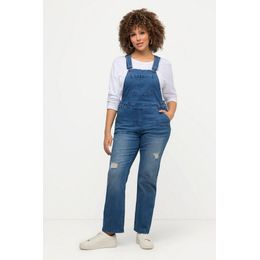 Ulla Popken Funktionshose Jeans-Latzhose ausgestelltes Bein Destroy-Effekt