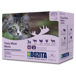 Bozita Katzenfutter Multibox Häppchen in Soße, Fleisch-Menü 12 x 85g (3x Rind, 3x Pute, 3x Rentier, 3x viel Hühnchen)