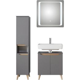 Saphir Badmöbel-Set Quickset 3-teilig, Waschbeckenunterschrank mit LED-Spiegel, (3-St), mit Midischrank, inkl. Türdämpfer, 4 Türen, 1 Nische, Bad-Set, grau