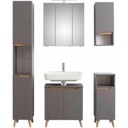 Saphir Badmöbel-Set Quickset 5-teilig, Waschbeckenunterschrank mit LED-Spiegelschrank, (5-St), Hochschrank, Unterschrank, Hängeschrank, inkl. Türdämpfer, 9 Türen, grau
