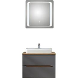 Saphir Badmöbel-Set Quickset 2-teilig, Keramik-Aufsatzbecken mit LED-Spiegel, (4-St), Waschplatz 73 cm breit, inkl. Türdämpfer, 2 Schubladen, grau