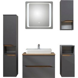 Saphir Badmöbel-Set Quickset 5-teilig, Keramik-Aufsatzbecken mit LED-Spiegel, (7-St), Midischrank, Unterschrank, Hängeschrank, inkl. Türdämpfer, 6 Türen, grau