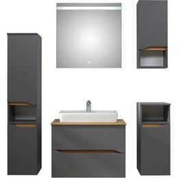 Saphir Badmöbel-Set Quickset 5-teilig, Keramik-Aufsatzbecken mit LED-Spiegel, (7-St), Midischrank, Unterschrank, Hängeschrank, inkl. Türdämpfer, 6 Türen, grau