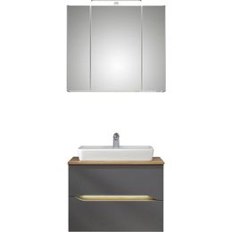 Saphir Badmöbel-Set Quickset 2-teilig, Keramik-Aufsatzbecken mit LED-Spiegelschrank, (5-St), Waschplatz 80 cm breit, inkl. Türdämpfer, 3 Türen, 2 Schubladen, grau
