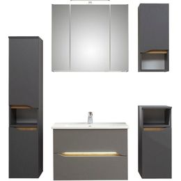 Saphir Badmöbel-Set Quickset 5-teilig, Keramik-Waschtisch und LED-Spiegelschrank, (7-St), Midischrank, Unterschrank, Hängeschrank, inkl. Türdämpfer, 7 Türen, grau