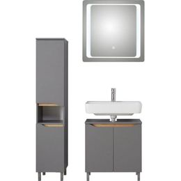 Saphir Badmöbel-Set Quickset 3-teilig, Waschbeckenunterschrank mit LED-Spiegel, (3-St), mit Midischrank, inkl. Türdämpfer, 4 Türen, 1 Nische, Bad-Set, grau