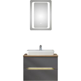 Saphir Badmöbel-Set Quickset 2-teilig, Keramik-Aufsatzbecken mit LED-Spiegel, (5-St), Waschplatz 73 cm breit, inkl. Türdämpfer, 2 Schubladen, grau