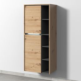 Sanipa Twiga Stauraumschrank mit LED-Beleuchtung, 2 Türen und offenen Fächern, Eiche Natural-Touch, SY11485