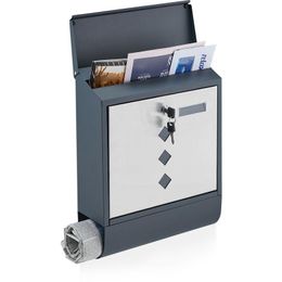 Briefkasten mit Zeitungsfach, moderner Postkasten, hbt: 38,5 x 31 x 12 cm, Stahl & Edelstahl, anthrazit/silber - Relaxdays