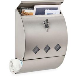 Briefkasten Edelstahl, Postkasten mit Zeitungsfach & Sichtfenster, hbt: 40 x 30 x 12,5 cm, 2 Schlüssel, silber - Relaxdays