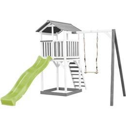 AXI Beach Tower Spielturm aus Holz in Weiß & Grau Spielhaus für Kinder mit hellgrüner Rutsche, Schaukel und Sandkasten Stelzenhaus für den Garten