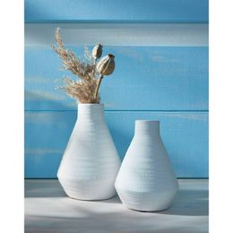 2x Vase White aus Steingut, weiß, 18 + 21 cm hoch, schlicht mit Rillenstrucktur, Dekovase für Trockenblumen