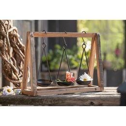 Dekoleidenschaft - Holzgestell mit 3 Metallschalen, hängend, für Teelichter, Kerzen oder Blumen, Holzdeko, Tischdeko, Teelichthalter