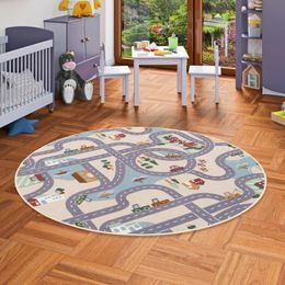 Snapstyle Kinder Spiel Straßenteppich Fun Town Beige Rund - 160 cm Rund