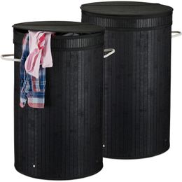 Relaxdays 2 x Wäschekorb Bambus, runder Wäschesammler mit Klappdeckel, 65 l, faltbare Wäschetonne, ø 40cm, Wäschebehälter, schwarz