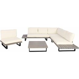 HHG - neuwertig] Garten-Garnitur mit Sessel 469, Lounge-Set Sofa, Spun Poly Akazie Holz mvg Aluminium grau, Polster cremeweiß - white